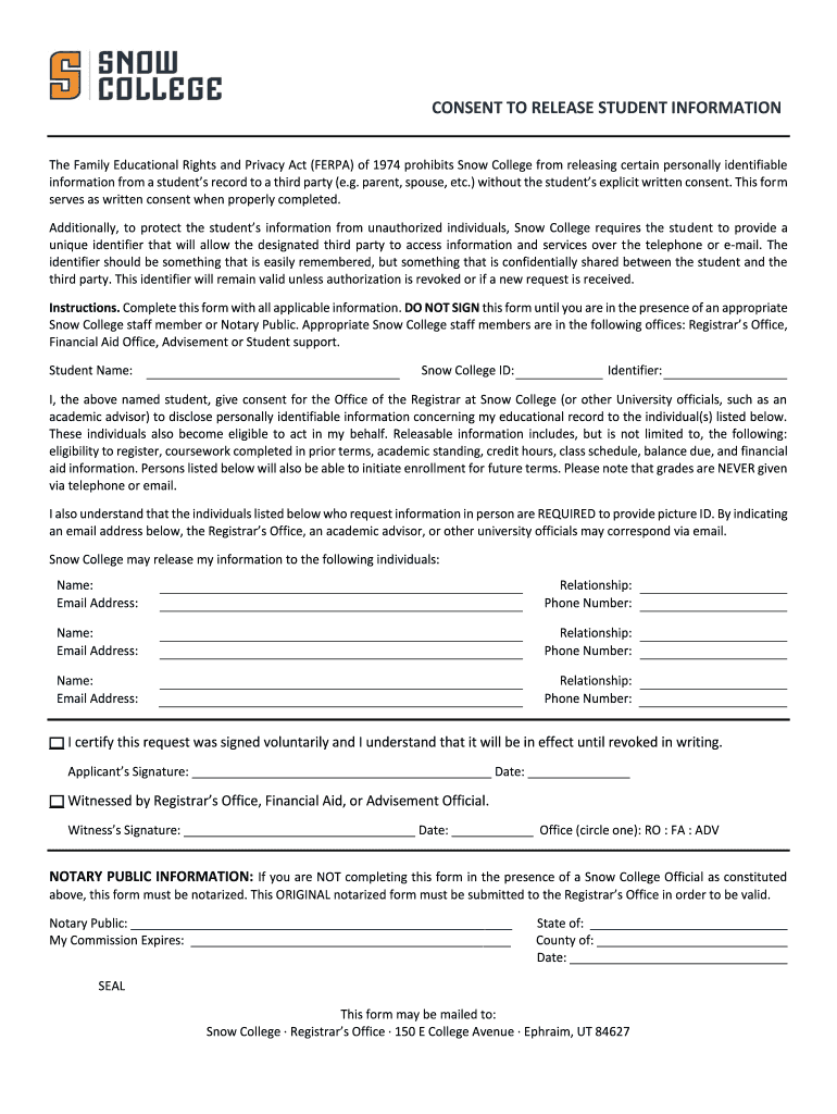 Fillable Online snow The Family Educational Rights and Privacy Act ...