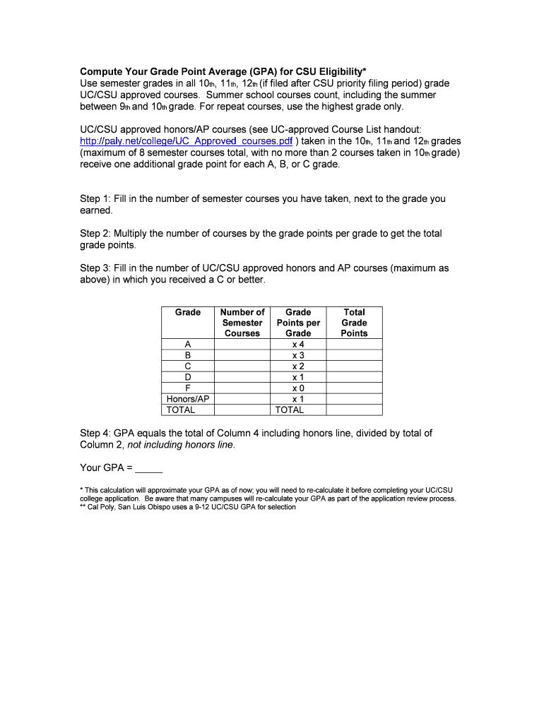 Fillable Online Compute Your Grade Point Average (GPA) for CSU ... Fillable Online Compute Your Grade Point Average (GPA) for CSU ...