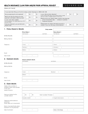 Fillable Online sovereign co Health Insurance Claim Form andor Prior ...