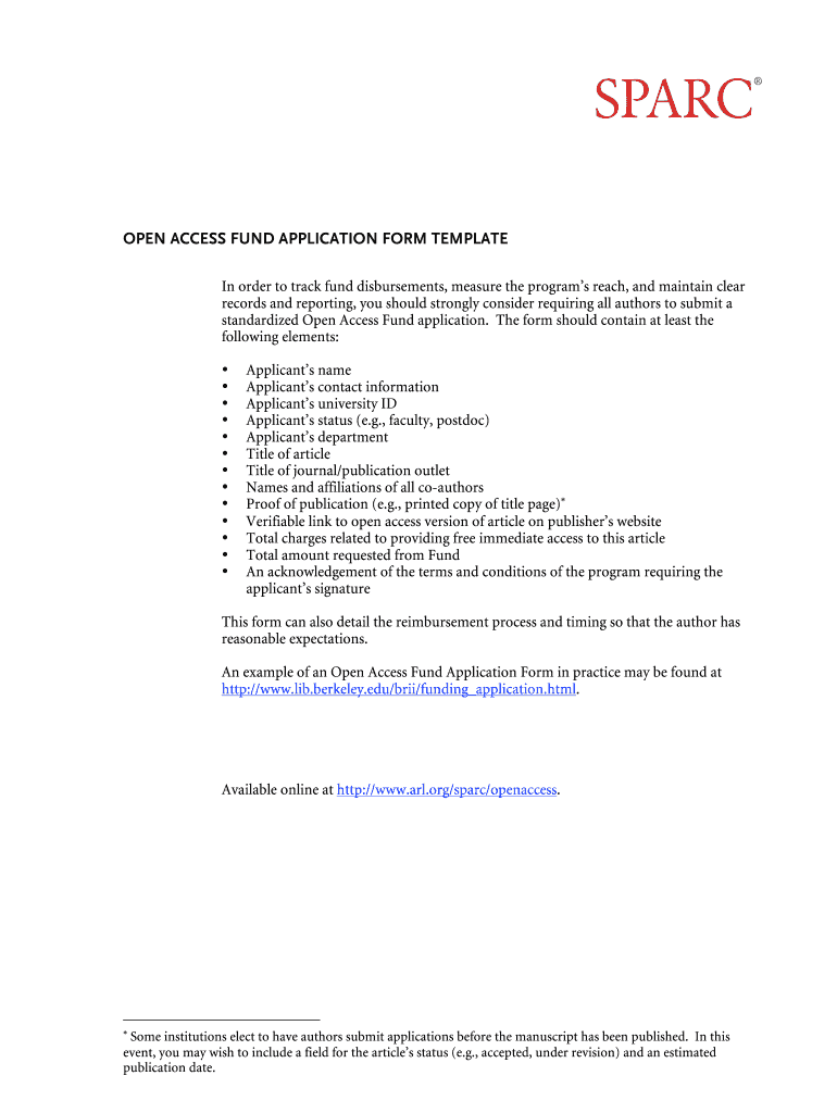 Fillable Online Open Access Fund Application Form Template PDF - sparc ...