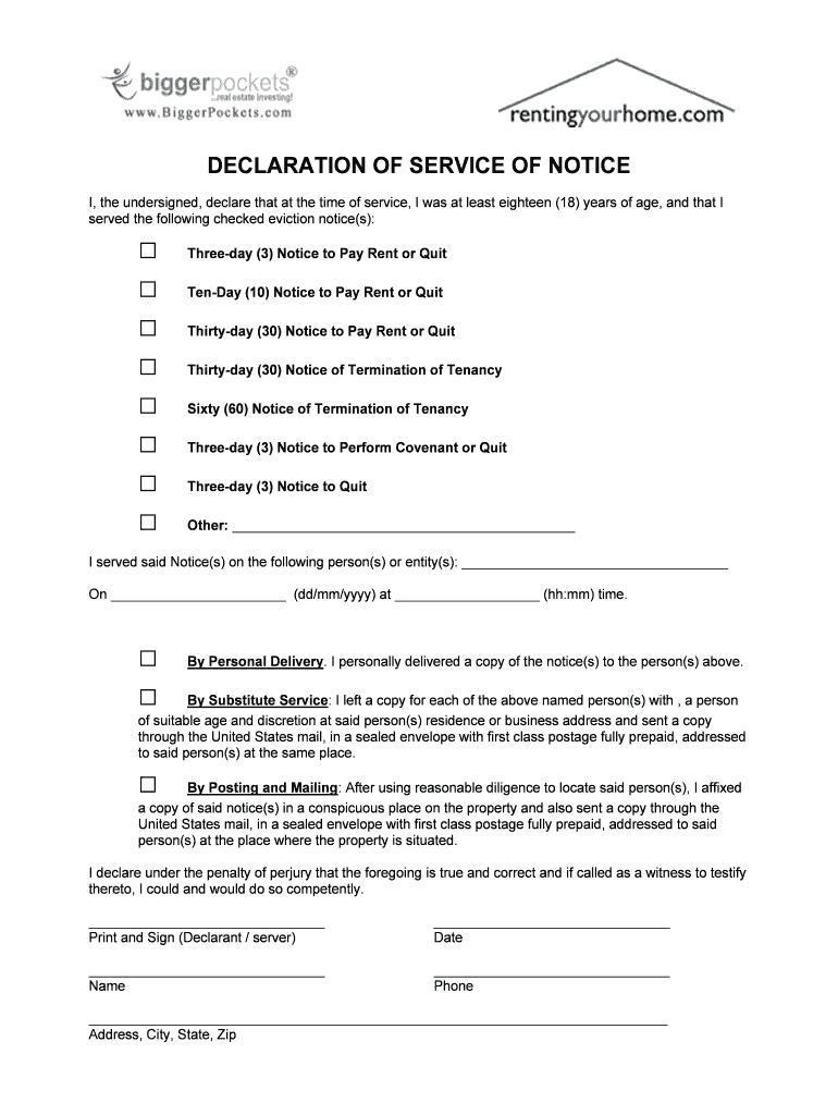 Fillable Online DECLARATION OF SERVICE OF NOTICE - BiggerPockets Fax ...