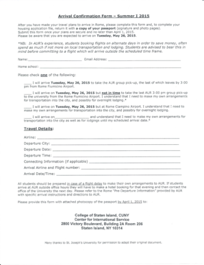 Fillable Online Arrival Confirmation Form - Summer I 2O15 ...