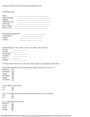 Fillable Online CACFP Enrollment Form - Bangor Child Care Fax Email ...