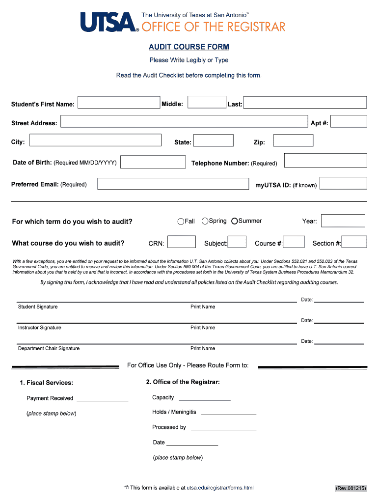 Fillable Online UTSA Registrar Audit Course Form - The University of ...