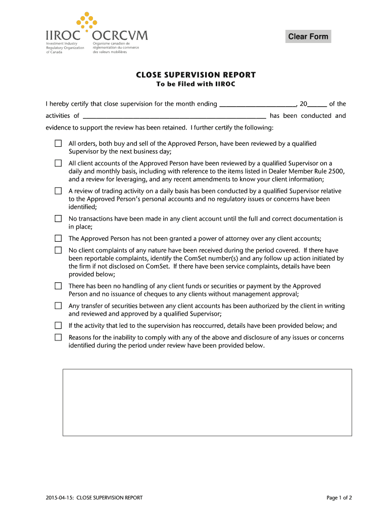 Fillable Online CLOSE SUPERVISION REPORT Clear Form Fax Email Print ...
