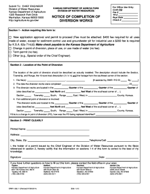 Fillable Online NOTICE OF COMPLETION OF DIVERSION WORKS - Kansas Fax ...