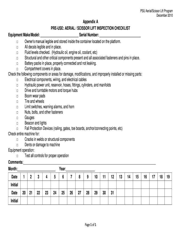 Fillable Online Appendix A PRE-USE AERIAL SCISSOR LIFT INSPECTION Fax ...