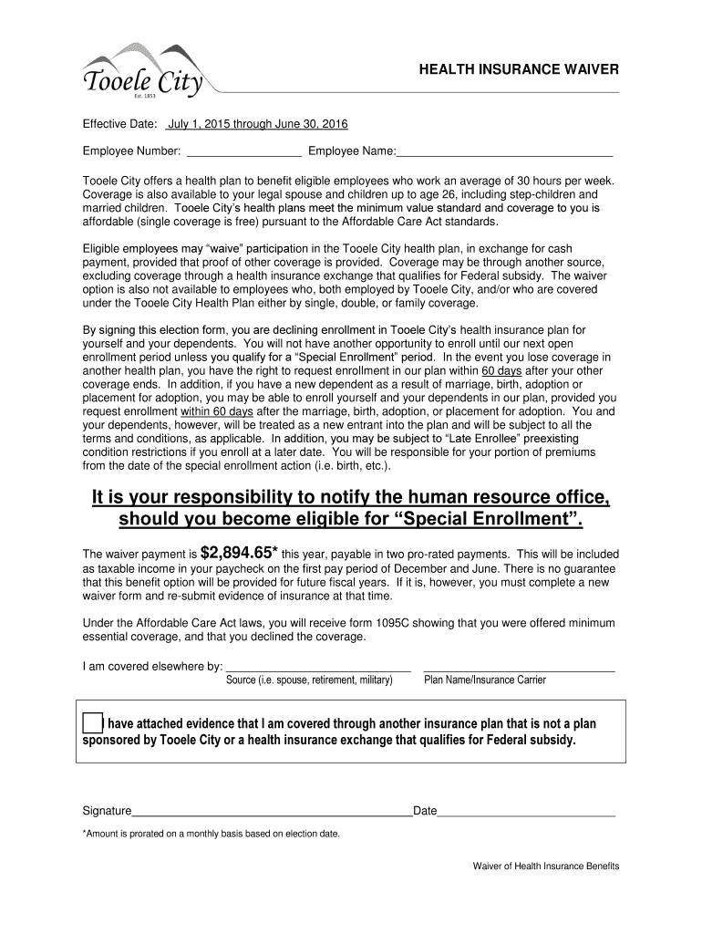 Fillable Online tooelecity Health Insurance Waiver Form FY2016 - Tooele ...