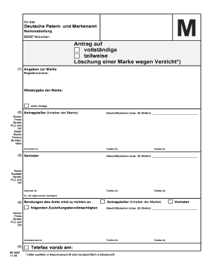 Ausfüllbar Online dpma Antrag auf vollstndigeteilw Lschung 1109 Fax ...
