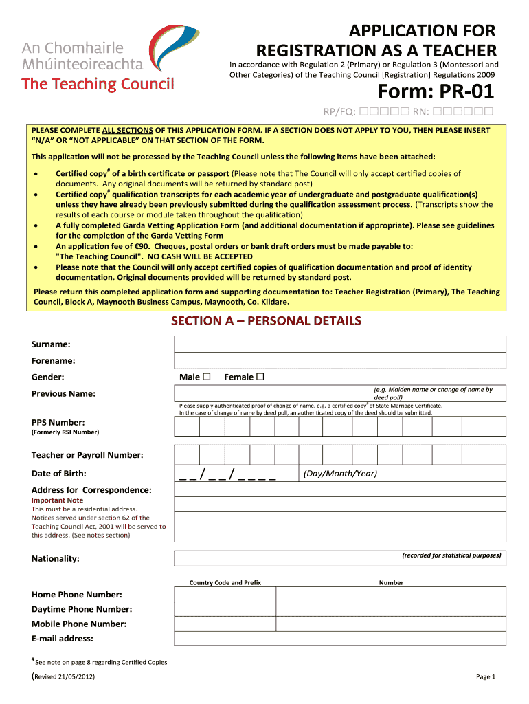 Fillable Online APPLICATION FOR REGISTRATION AS A TEACHER In accordance ...