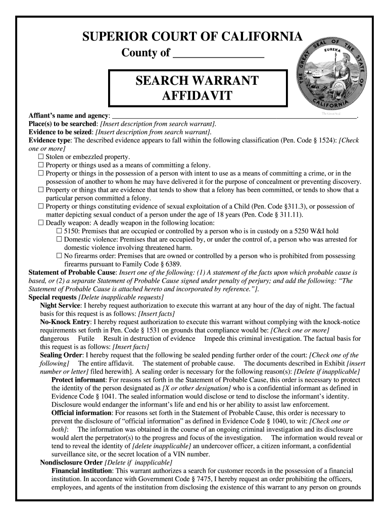 California Search Warrant Form Fill And Sign Printable Template 