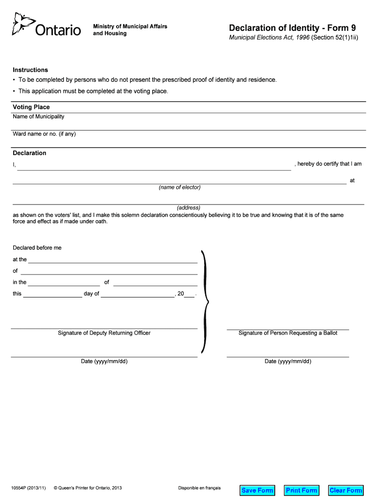 Fillable Online Declaration of Identity Form 9 Ministry of Municipal ...