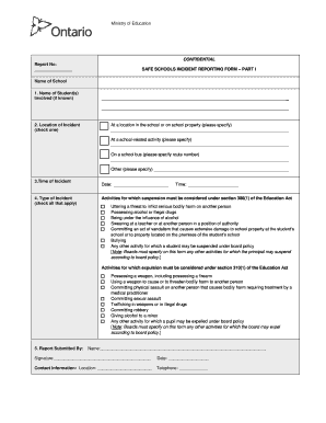 Fillable Online Safe Schools Incident Reporting Form - Part I - Bill 157 Fax Email Print - pdfFiller