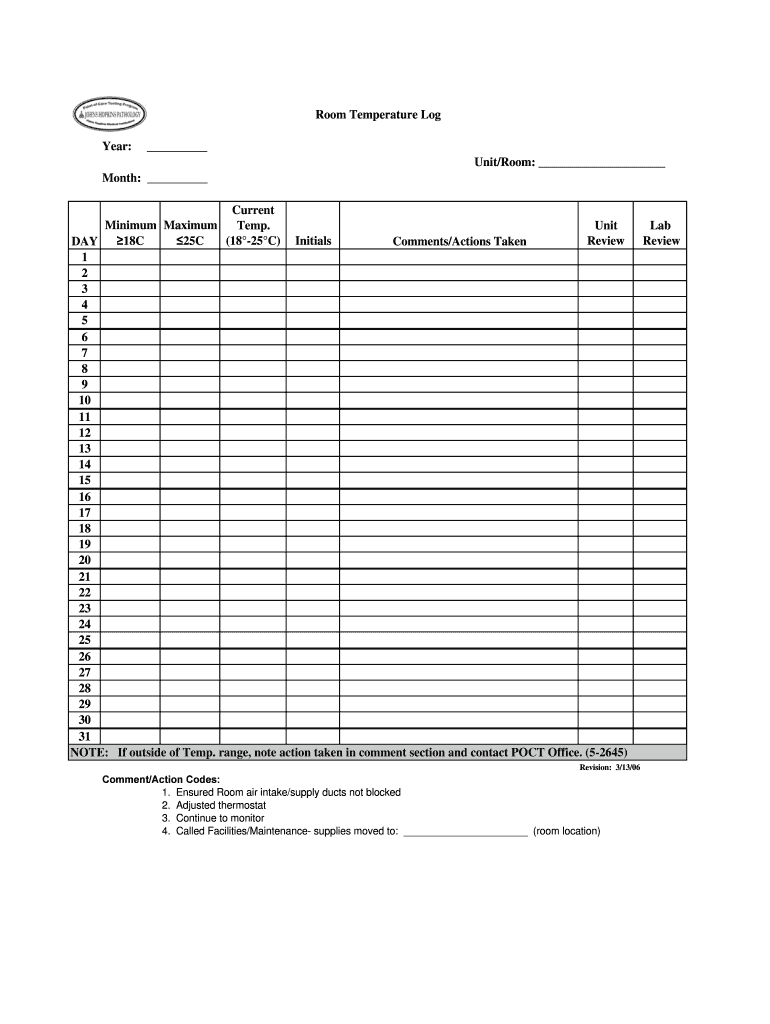 Fillable Online Room Temperature Log Fax Email Print - pdfFiller