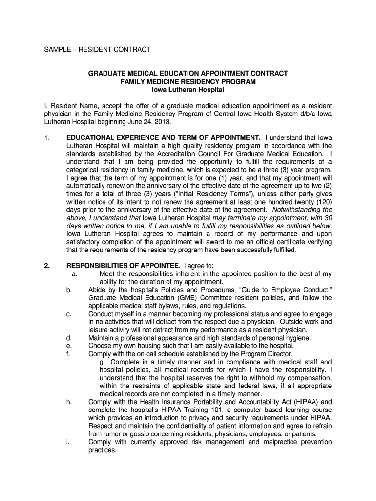Fillable Online SAMPLE RESIDENT CONTRACT GRADUATE bb - UnityPoint ...