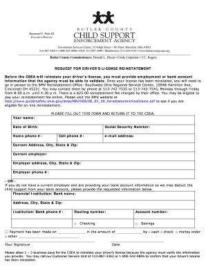 Fillable Online butlercountycsea REQUEST FOR DRIVERS LICENSE ...