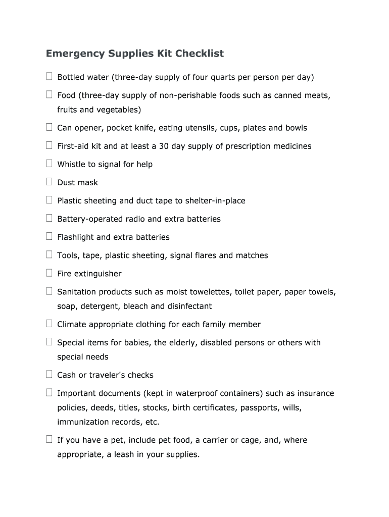Fillable Online Emergency Supplies Kit Checklist Fax Email Print ...