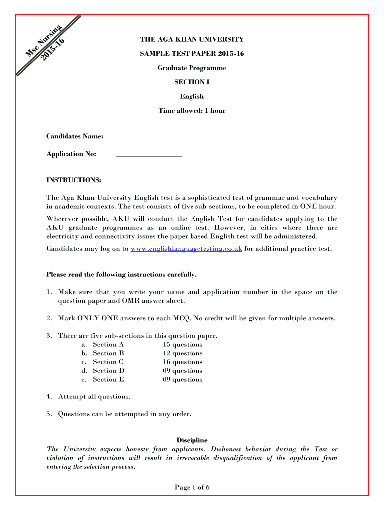 Fillable Online aku Page 1 of 6 THE AGA KHAN UNIVERSITY SAMPLE TEST ...