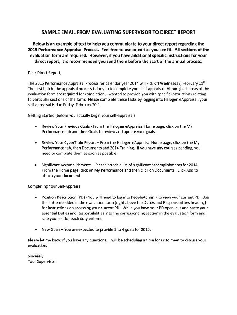 Fillable Online SAMPLE EMAIL FROM EVALUATING SUPERVISOR TO DIRECT ...