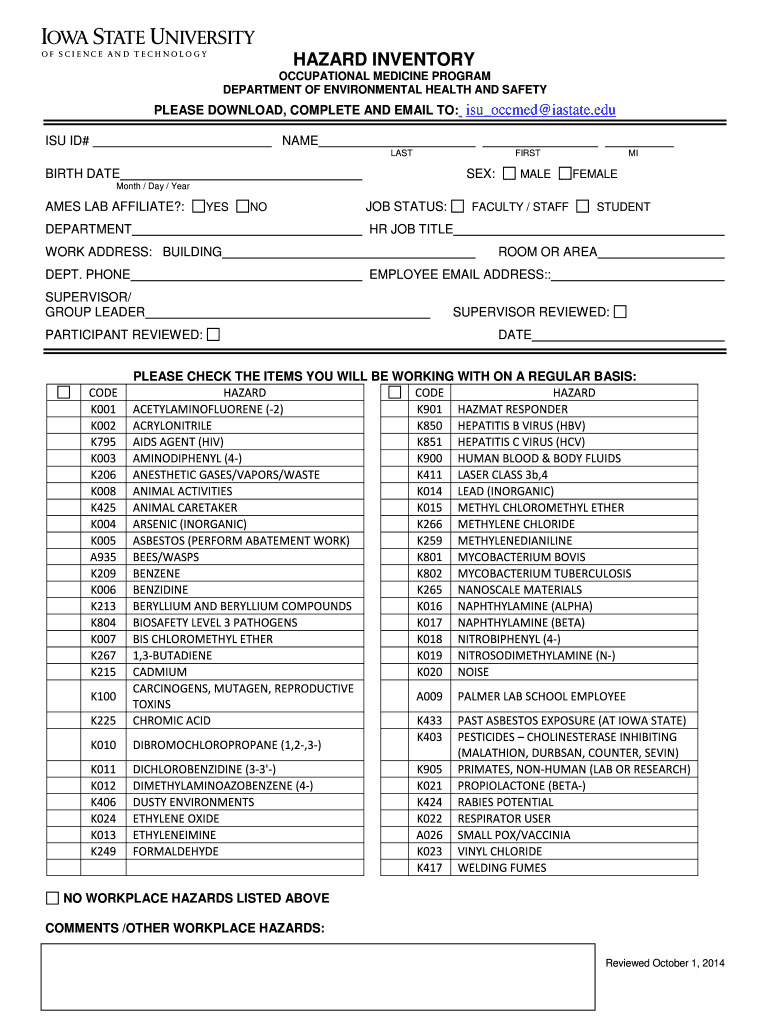Fillable Online ameslab Hazard Inventory Form - Environmental Health ...