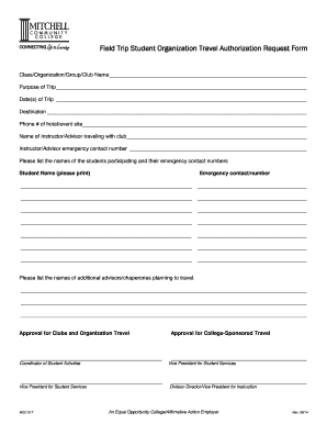 Fillable Online mitchellcc Field Trip Student Organization Travel ...