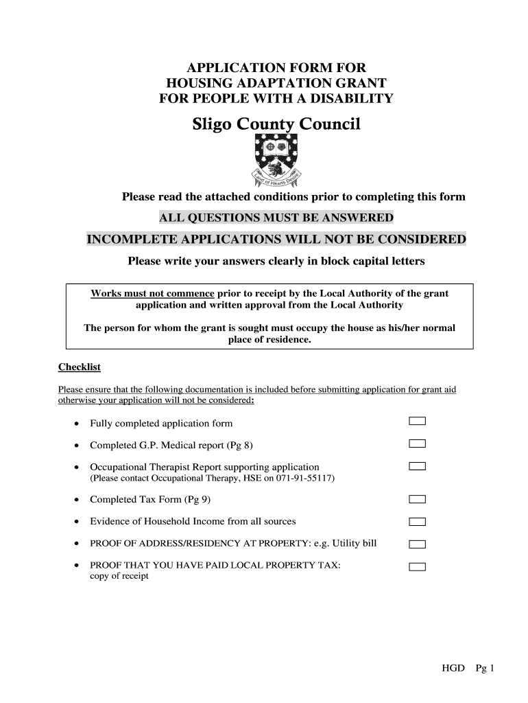 Fillable Online Housing Adaption Grant for People with a Disability ...