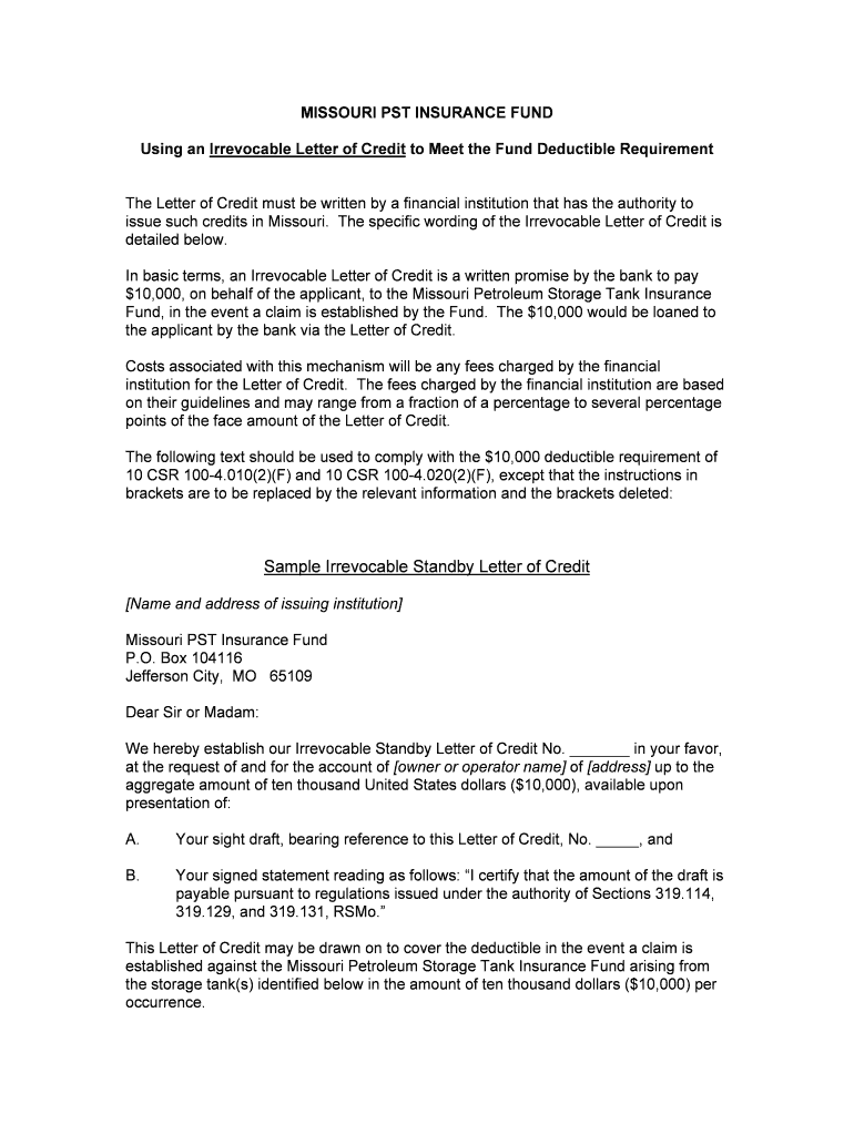 Fillable Online pstif Using an Irrevocable Letter of Credit - Missouri ...