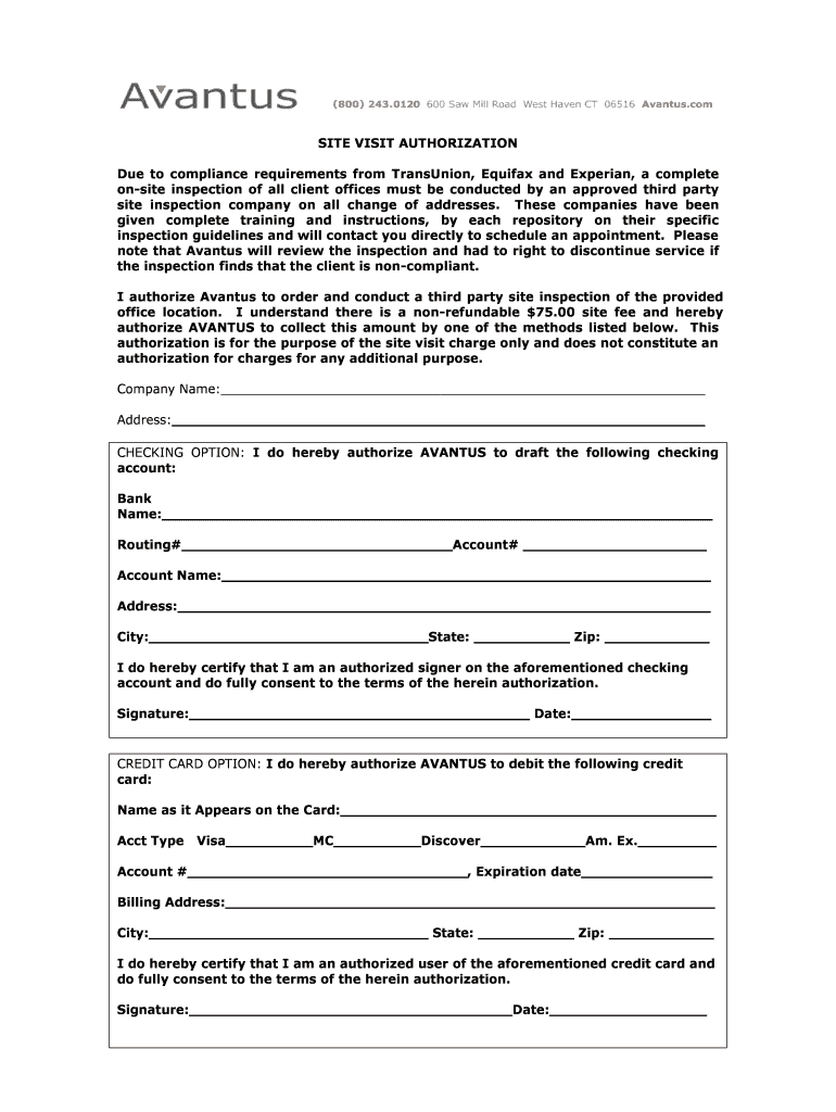 Fillable Online Site Visit Authorization Form - Avantus Fax Email Print ...