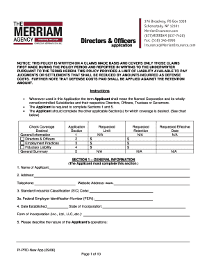 Fillable Online For Profit Directors and Officers application - Merriam ...