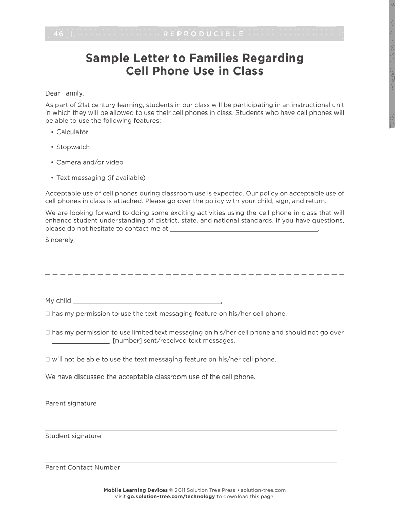 Fillable Online Sample letter to families Regarding cell Phone Use in ...