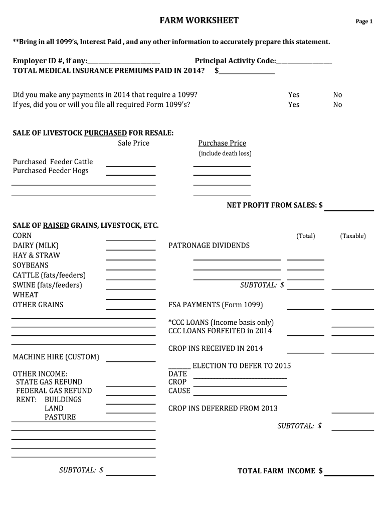 Fillable Online FARM WORKSHEET Page 1 **Bring in all 1099s, Interest ...
