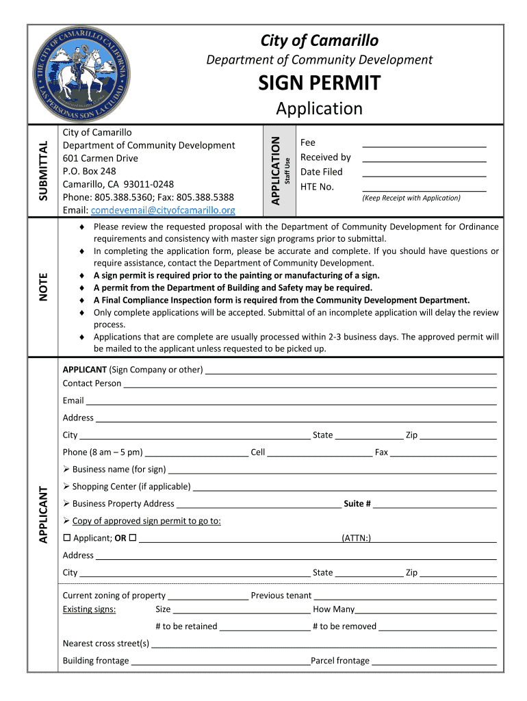 Fillable Online ci camarillo ca SIGN PERMIT - City of Camarillo Fax ...
