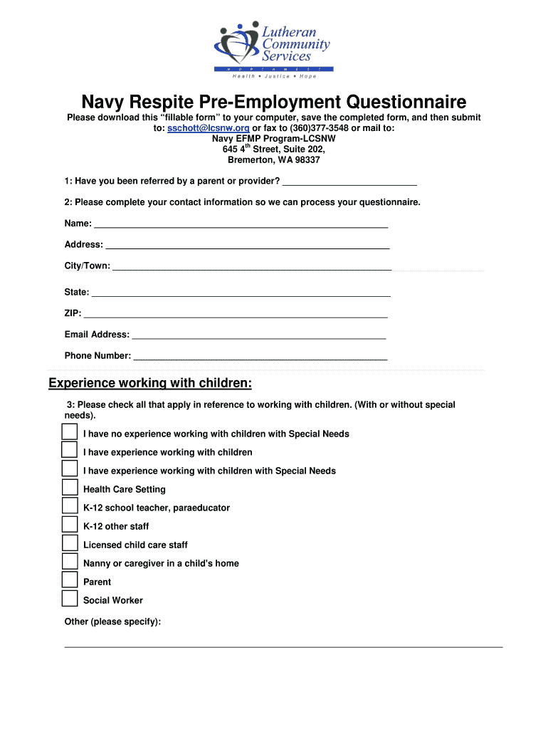 Fillable Online lcsnw Navy Respite Pre-Employment Questionnaire - lcsnw ...