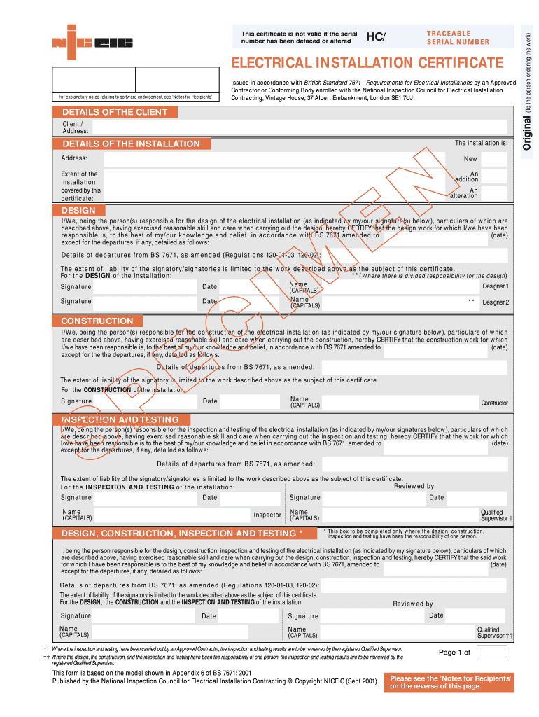 Fillable Online ELECTRICAL INSTALLATION CERTIFICATE - Voltimum Fax ...