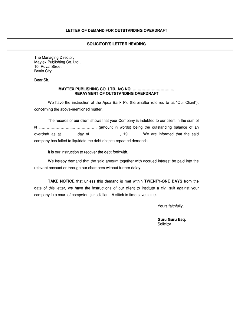 Fillable Online LETTER OF DEMAND FOR OUTSTANDING OVERDRAFT Fax Email ...