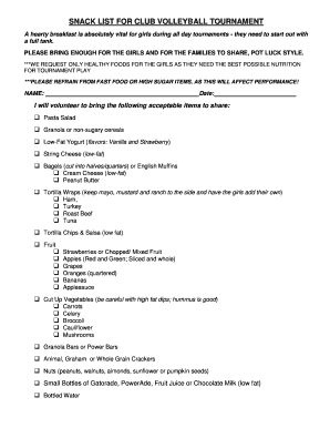 Fillable Online SNACK LIST FOR CLUB VOLLEYBALL TOURNAMENT Fax Email ...