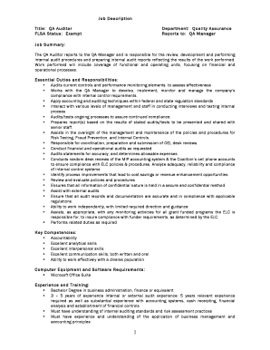 Fillable Online Job Description Title: QA Auditor Department: Quality Assurance FLSA ... Fax ...