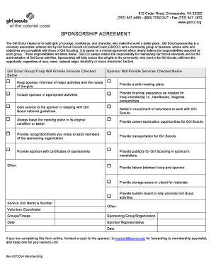 Fillable Online gsccc Sponsorship Agreement - Girl Scout Council ...