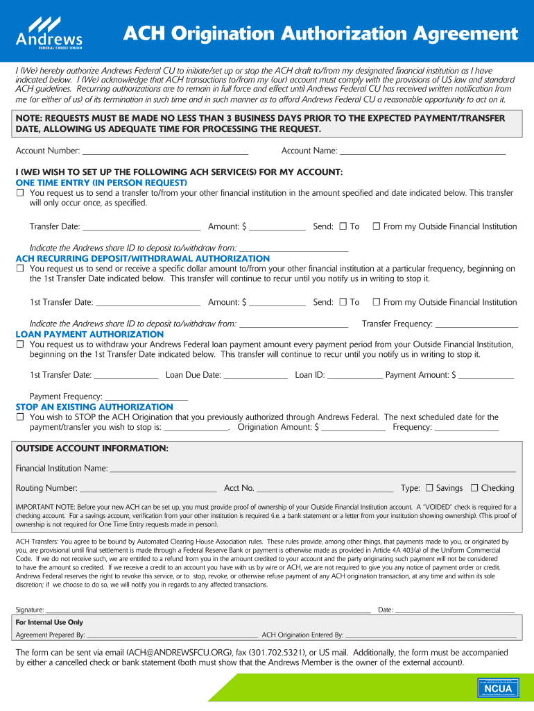 Fillable Online andrewsfcu ACH Origination Authorization Agreement ...