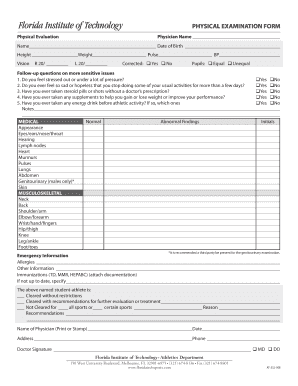 Fillable Online Physical Examination Form PDF - Florida Tech Fax Email ...