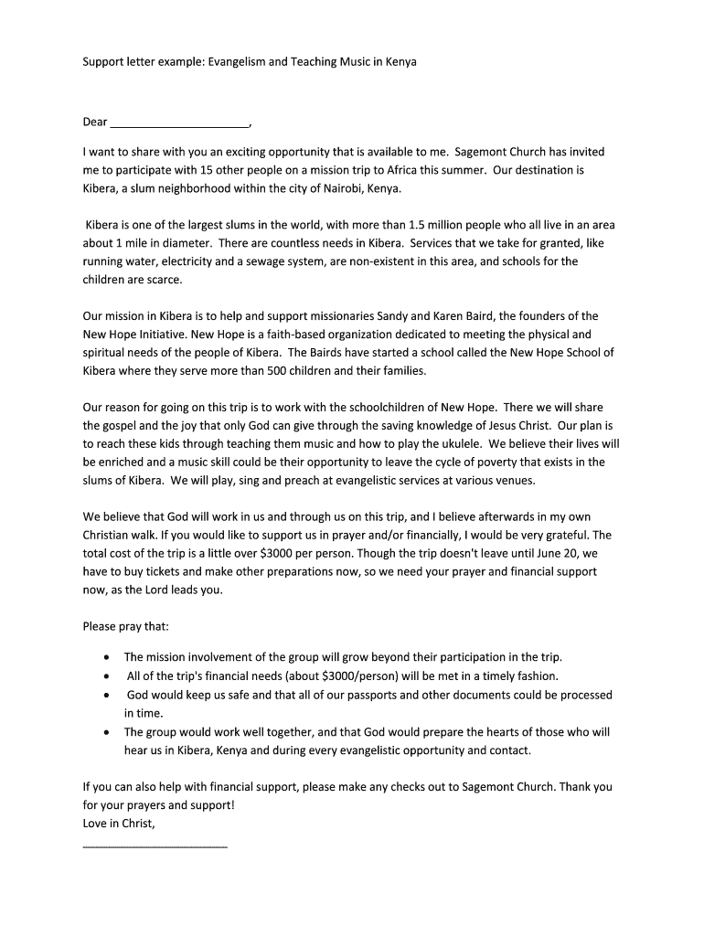 Fillable Online Support letter example: Evangelism and Teaching Music ...