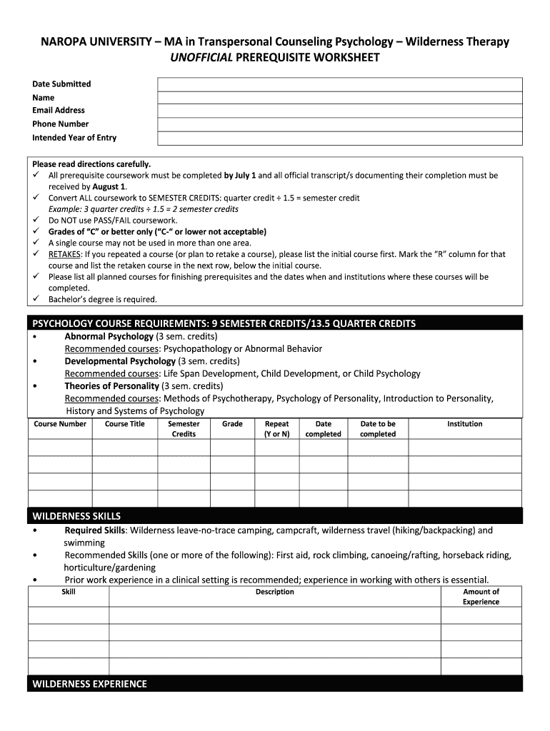 Fillable Online naropa Wilderness Therapy UNOFFICIAL PREREQUISITE WORKSHEET Fax Email Print ...