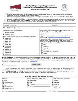 Fillable Online mun Application for Engineering One or Academic Term 3 ...