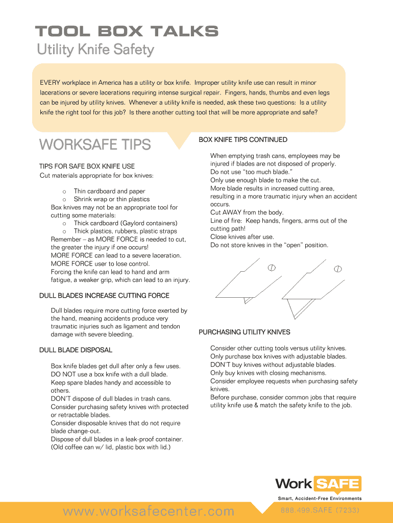 Fillable Online Wwwworksafecentercom WORKSAFE TIPS Utility Knife Safety Fax Email Print - pdfFiller