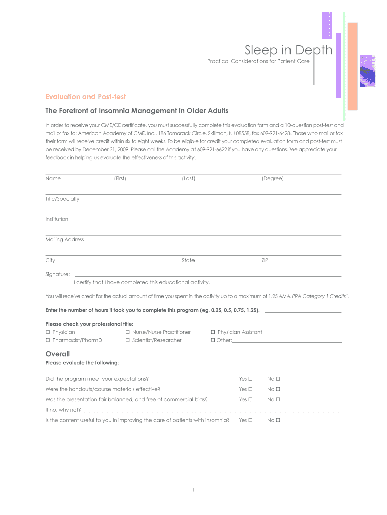 Fillable Online Evaluation and Post-test The Forefront of Insomnia bb ...