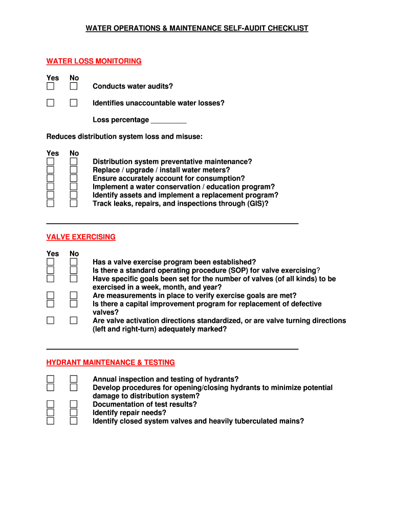 Fillable Online Water Operations and Maintenance Self Audit Checklist ...