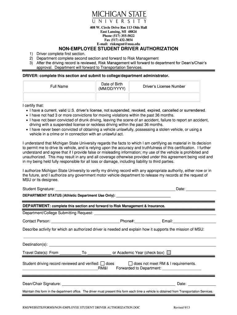 Fillable Online lymanbriggs msu Non-employee student driver ...