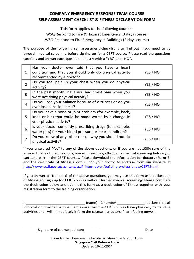 Fillable Online Form A - Self Assessment Checklist & Fitness ...