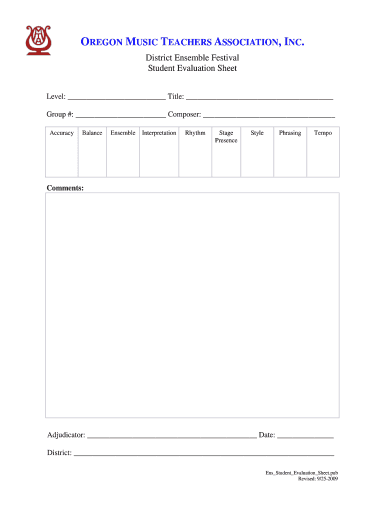 Fillable Online oregonmta Student Evaluation Sheet - Oregon Music ...