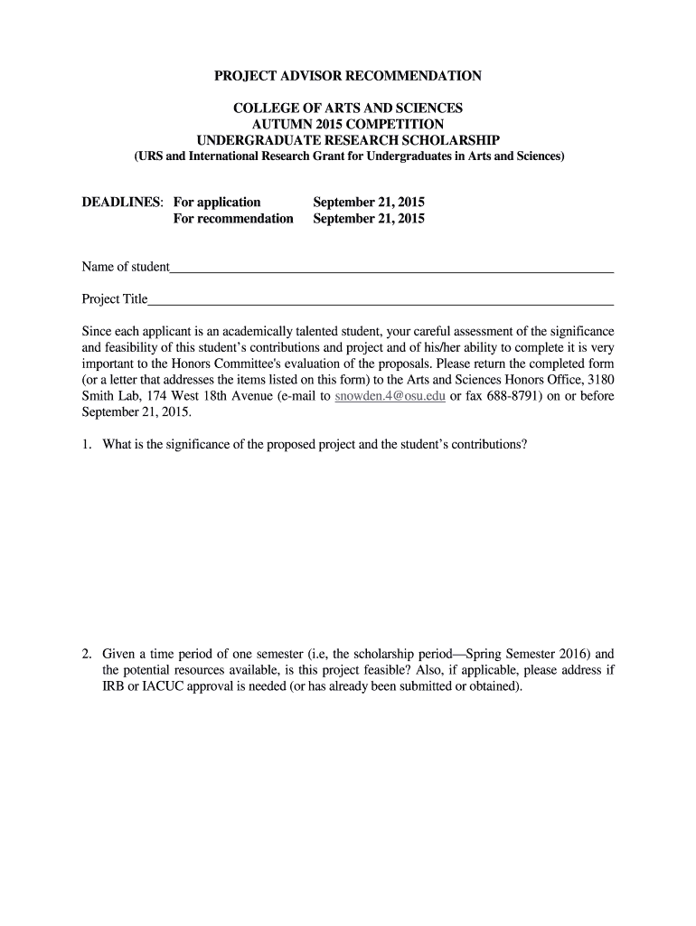 Fillable Online aschonors osu Project Advisor Recommendation Form for URS - ASC Honors Fax Email ...